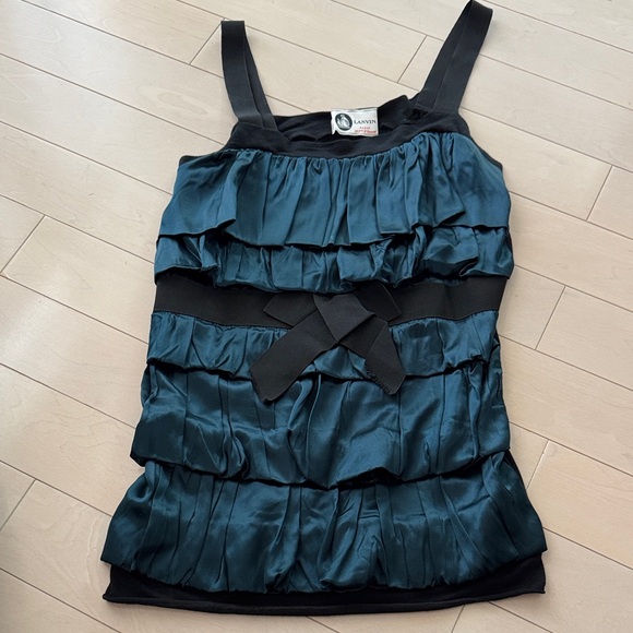 Lanvin | Tops | Lanvin Silk Teal And Black Ruffled Formal Tank Top ...